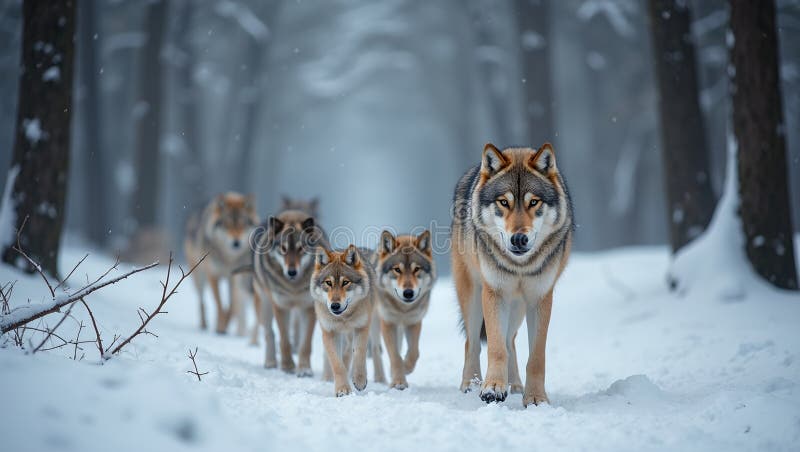 Majestic Wolf Pack in Snowy Forest Alpha Leading Young Stock ...