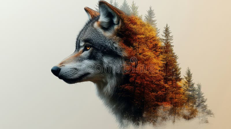 Majestic Wolf Portrait with Double Exposure Forest in Grey Palette ...