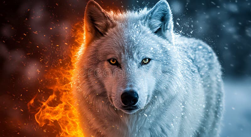 Majestic Wolf Portrait Fire and Ice Contrasting Nature Elements Artwork ...