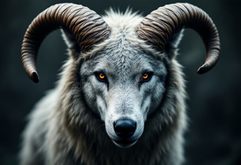 Majestic Wolf with Ram Horns: a Mystical Creature Stock Illustration ...