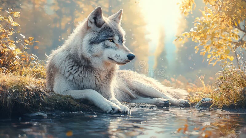 Majestic Wolf Resting Gracefully on Forest Floor Surrounded by Lush ...