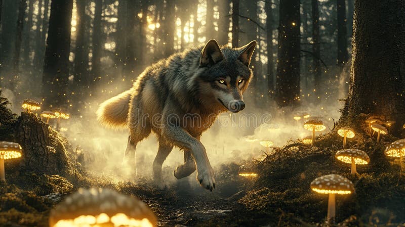 Majestic Wolf Running through Enchanted Forest at Dawn, Glowing ...