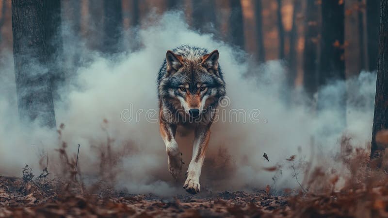 Majestic Wolf Running through Mystical Forest Smoke Stock Photo - Image ...