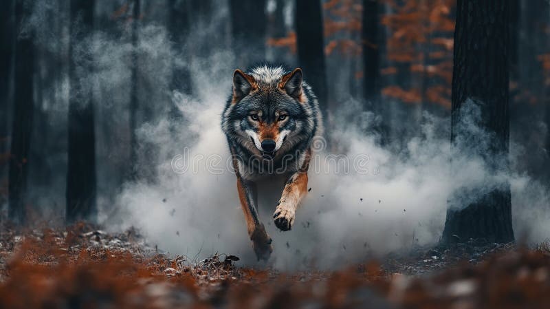 Majestic Wolf Running through Smoky Forest Stock Photo - Image of ...