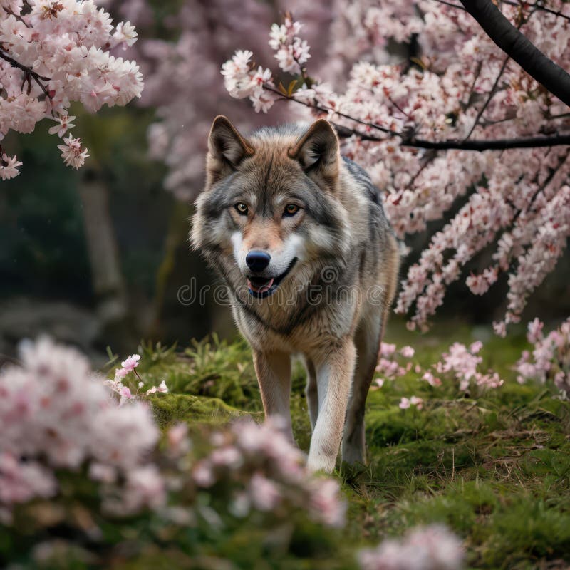 Majestic Wolf in Sakura Forest Stock Image - Image of lake, forest ...