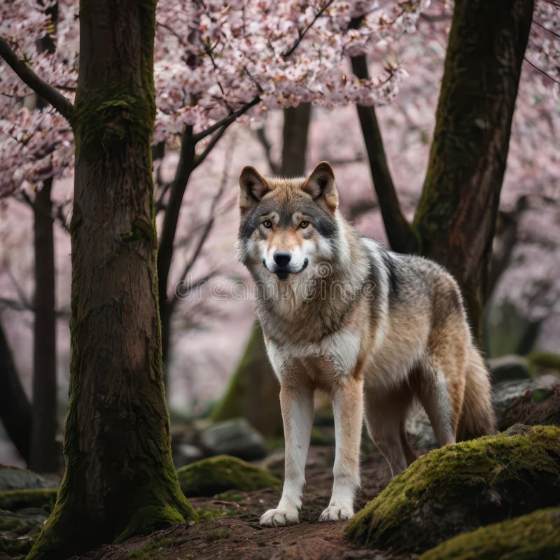 Majestic Wolf in Sakura Forest Stock Image - Image of lakewood, wolf ...