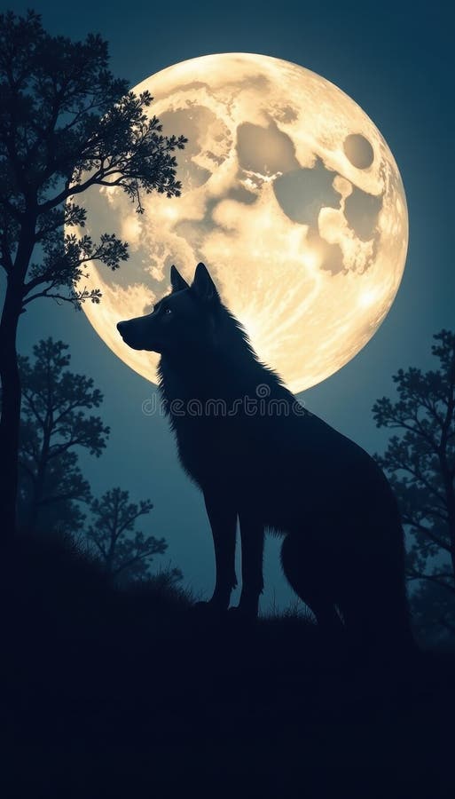 Majestic Wolf Silhouette Against Bright Moon, Trees in Foreground ...