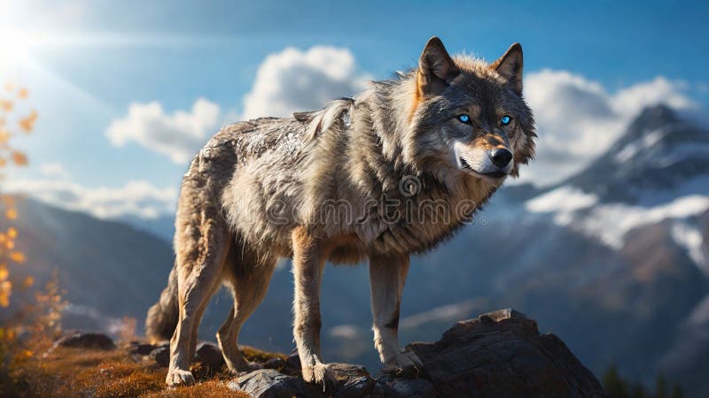 A Majestic Wolf Stand Top on the Peak of a Mountain. Stock Illustration ...