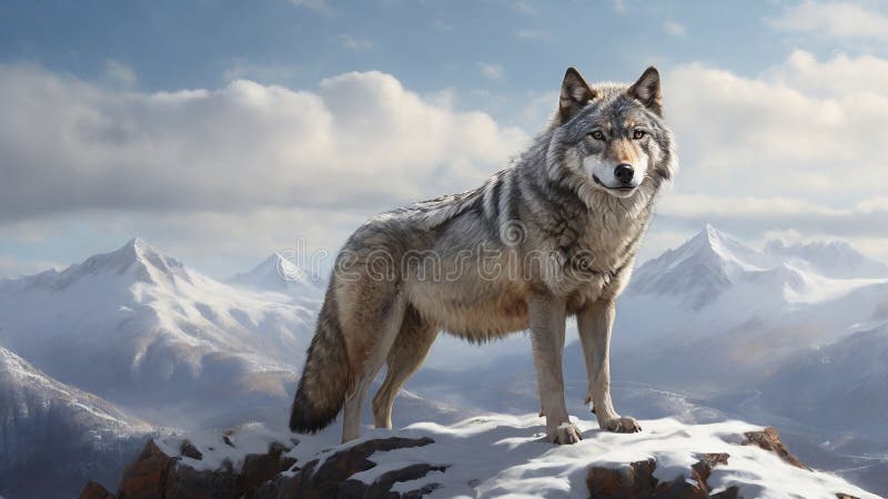 A Majestic Wolf Stand Top on the Peak of a Mountain. Stock Illustration ...