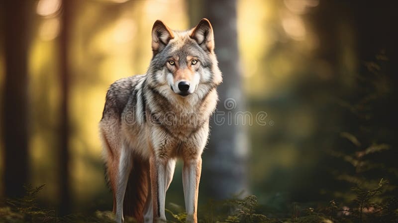 Majestic Wolf Standing in Forest Stock Photo - Image of trees, forest ...