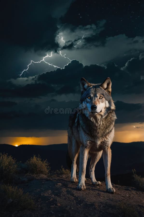 Majestic Grey Wolf Howling Under a Dramatic Stormy Night Sky Stock ...