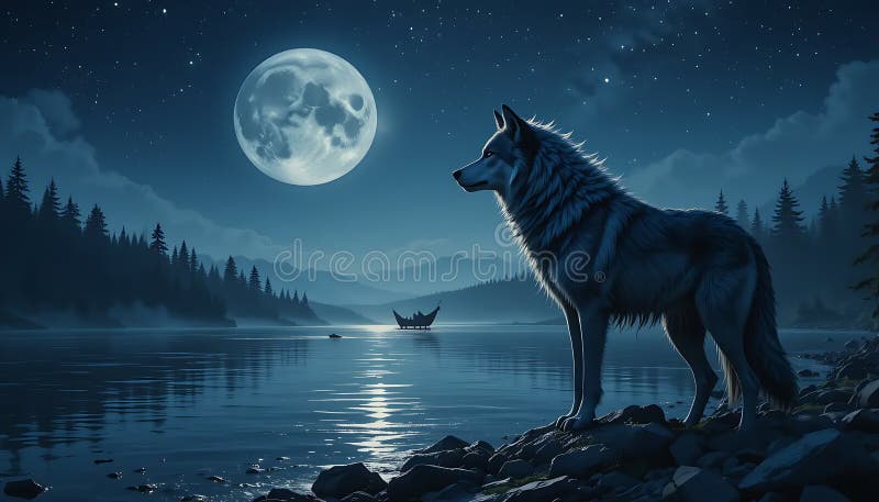 Majestic Wolf Under the Moonlight: a Serene Night by the Lake Stock ...