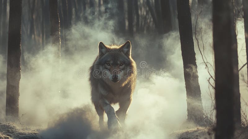 Majestic Wolf Walking in a Misty Forest Stock Photo - Image of winter ...