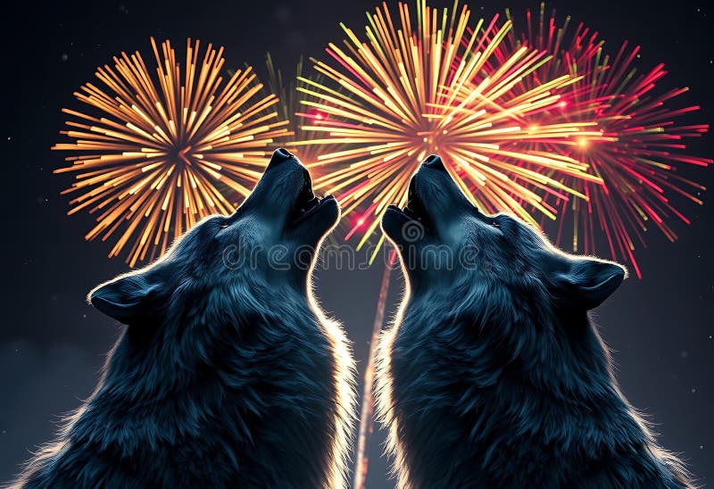 Majestic Wolves Howling Fireworks Night Sky Celebration Stock ...