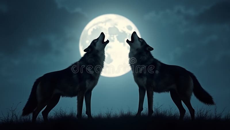 Majestic Wolves Howling Under Full Moon Representing Pack Unity Stock ...