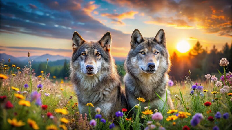 Majestic Wolves in a Wildflower Meadow at Sunset. Generative AI Stock ...
