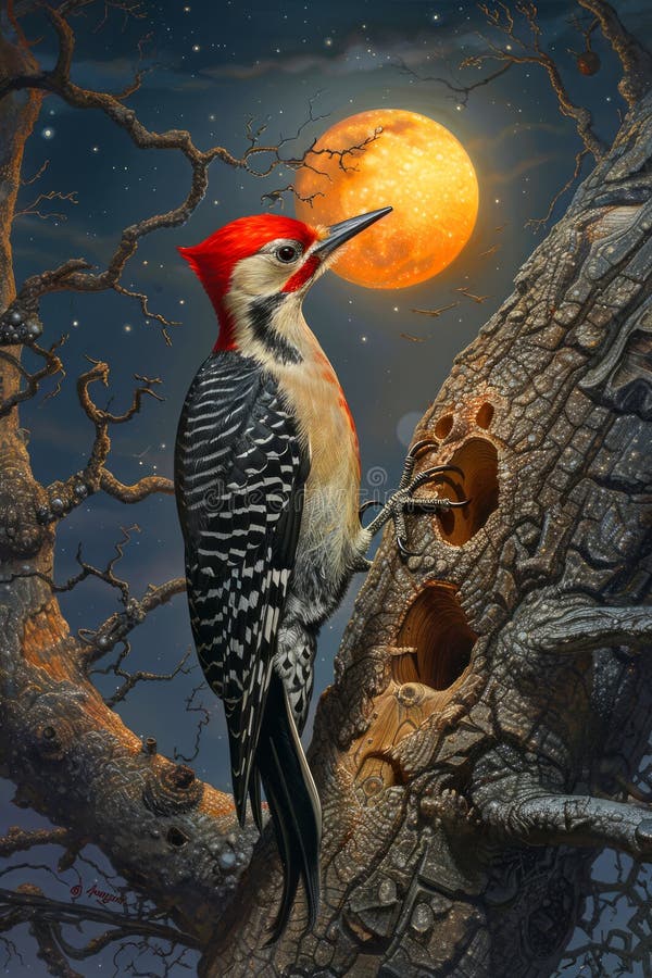 Majestic Woodpecker Perched on Tree Trunk Under Moonlight in Enchanted ...