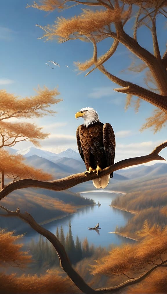 A Majestic Young Eagle Perched Atop a Lofty Tree Branch Stock ...