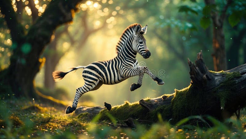 Leaping Zebra Foal in Golden Forest Sunlight Stock Illustration ...