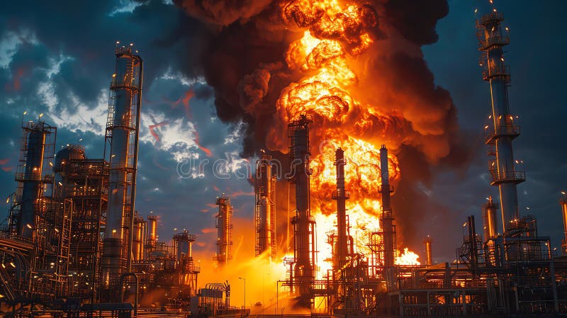 Major Fire at an Industrial Oil Refinery. Powerful Explosion with Black ...