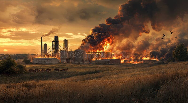 Major Industrial Plant Explosion, Creating Heavy Smoke Clouds. Stock ...