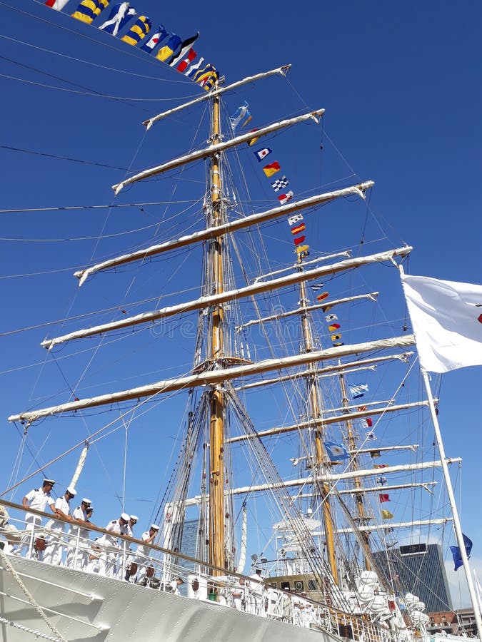 Major mast, flags and crew editorial image. Image of port - 89320330