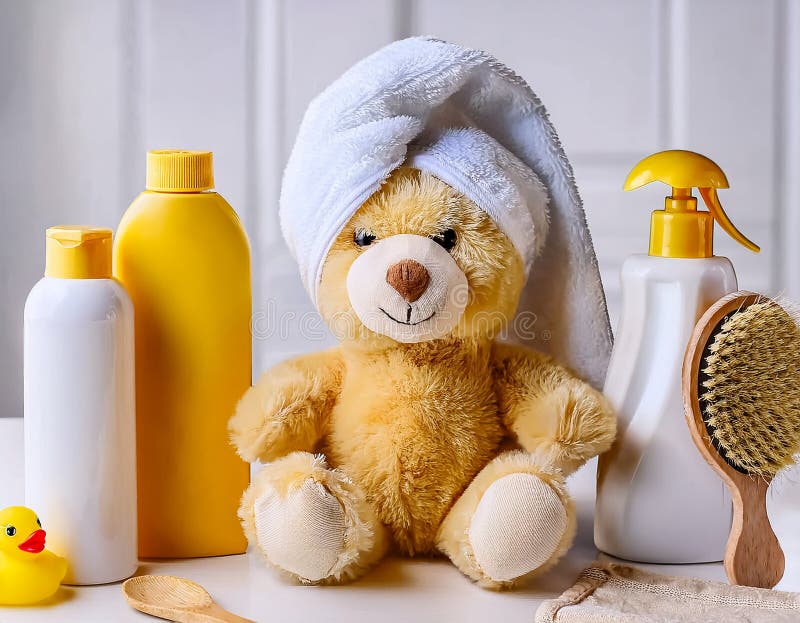 Yellow Bear Bath Time Accessory Set for Kids and Babies Stock ...