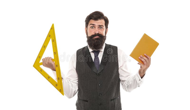 Make Geometry Interesting. School Teacher Hold Book and Triangle ...
