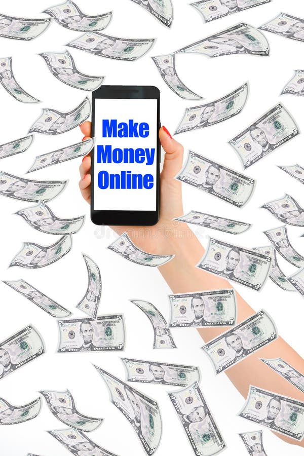 Make Money Online, Message on Smartphone with Flying Money Stock Photo ...