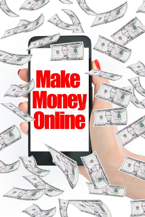 Make Money Online, Message on Smartphone with Flying Money Stock Photo ...