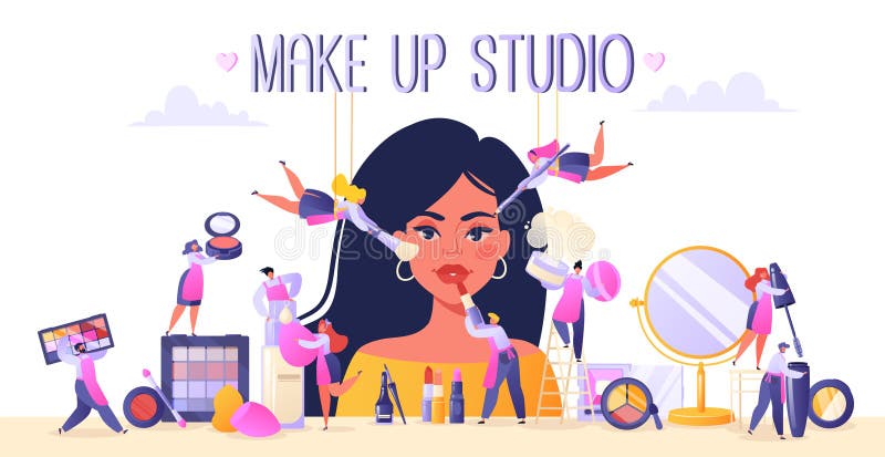 Girl in Make Up Studio. Small Flat People Characters Serve a Client ...