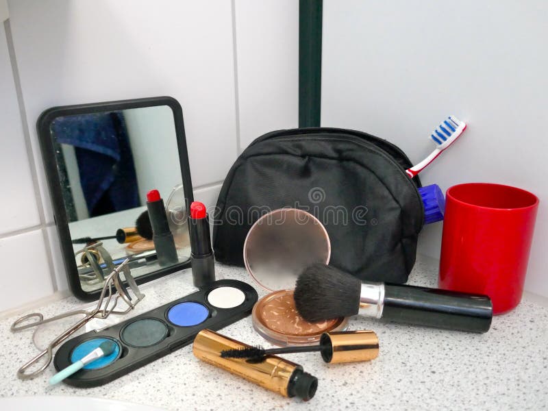 Make-up Accessories in a Bathroom for daily Beautification. Stock Photo ...