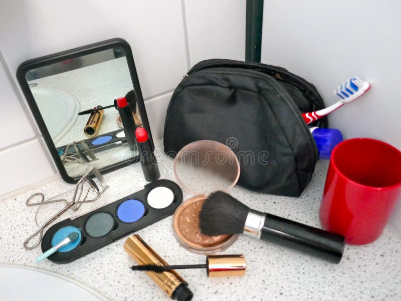Make-up Accessories in a Bathroom for daily Beautification. Stock Photo ...