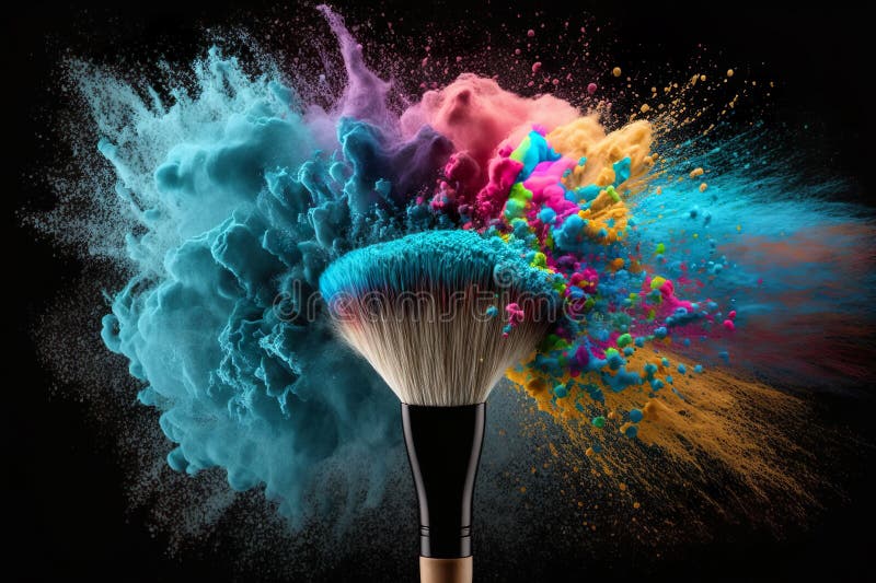 Make Up Brush with Colorful Powder and Dust Explosion Isolated on Black ...