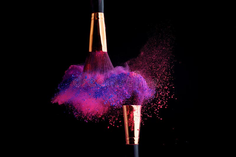 Make-up Brush with Colorful Powder Splashes Explosion on Black ...