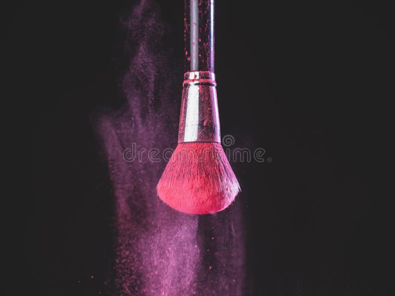 Make-up Brush with Pink Powder Splashes Explosion on Black Background ...