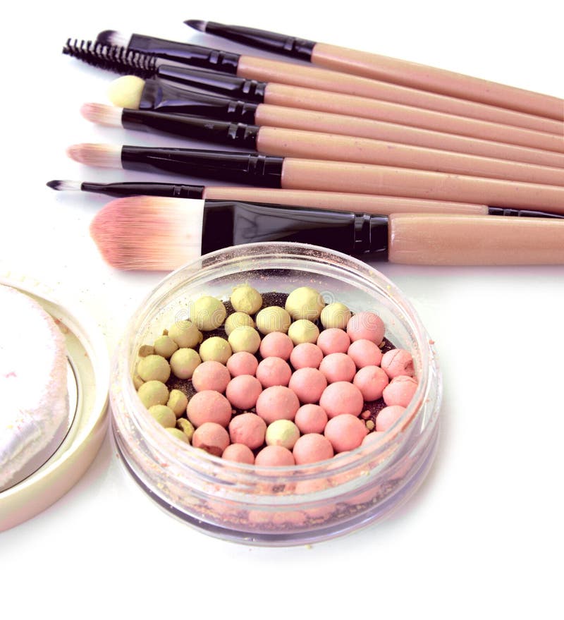 Make-up Brushes Set with Powder Balls in Box on White Stock Photo ...