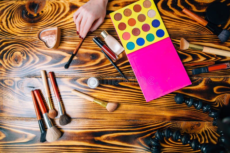 Make Up Cosmetic Products on Wood Stock Image - Image of lifestyle ...