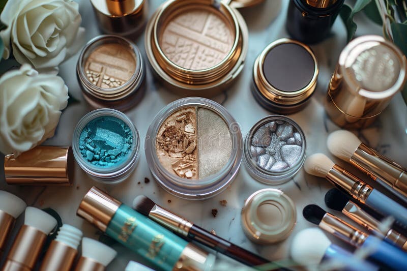 Make Up Cosmetics, Brushes Blushes and Other Visage Tools, Top View ...