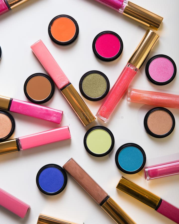 Make-up Eye Shadows with Lip Gloss. View from Above. Flat Lay Stock ...