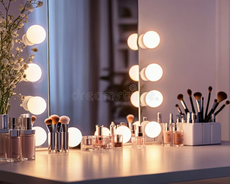 Make-up Mirror with Dimmed Light Bulbs, Front View, Home Interior Stock ...