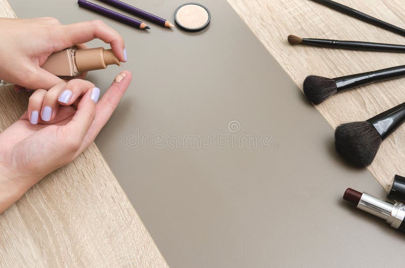 Make-up process on desk stock image. Image of glasses - 72367819