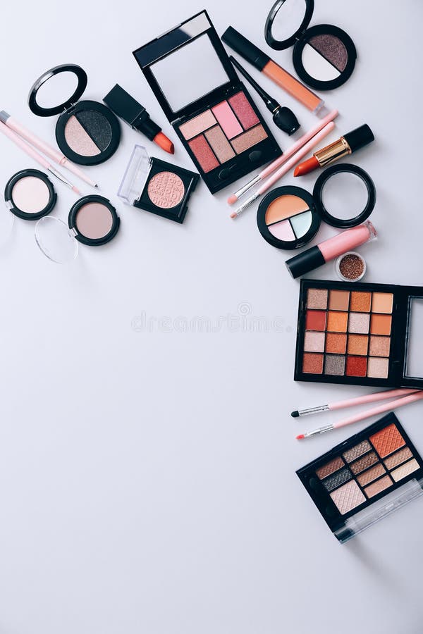 Make Up Products Scattered on Gray Background, Top View Stock Image ...