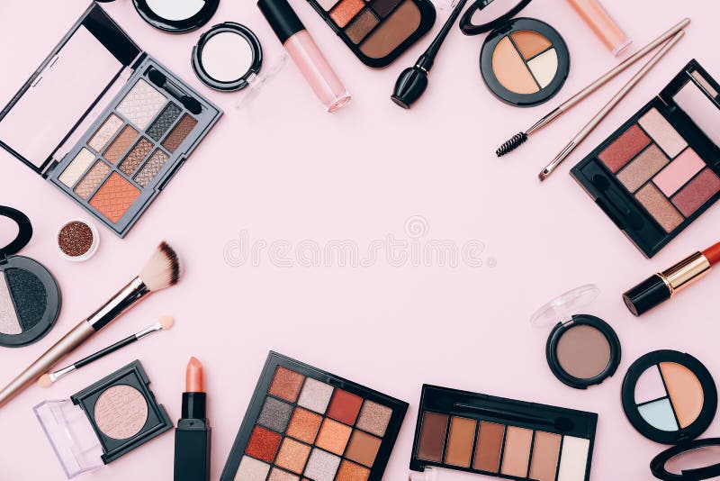 Make Up Products Scattered on Pink Background, Top View Stock Photo ...