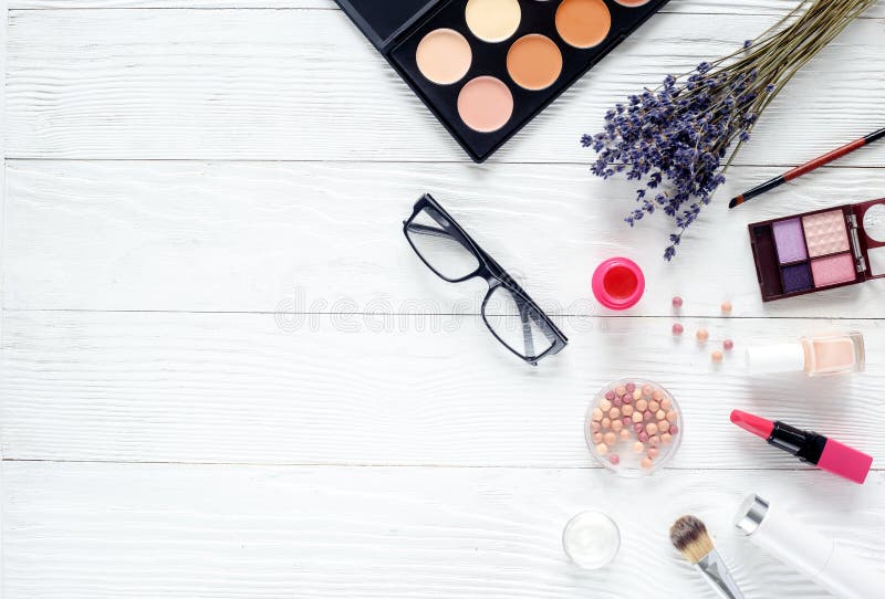 Top View Cosmetics Makeup Placed on a Wooden Table Stock Image - Image ...