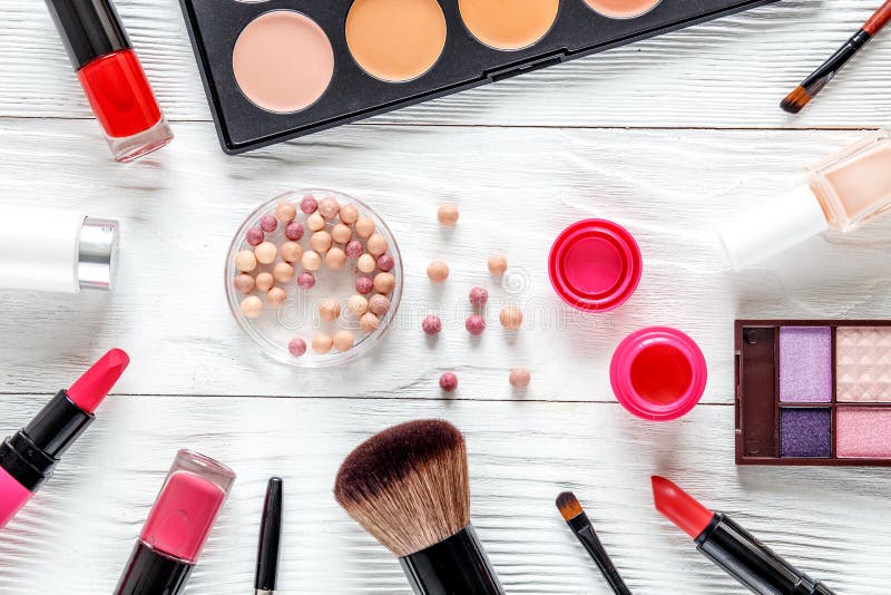 Top View Cosmetics Makeup Placed on a Wooden Table Stock Image - Image ...