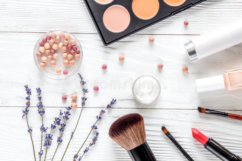 Top View Cosmetics Makeup Placed on a Wooden Table Stock Image - Image ...