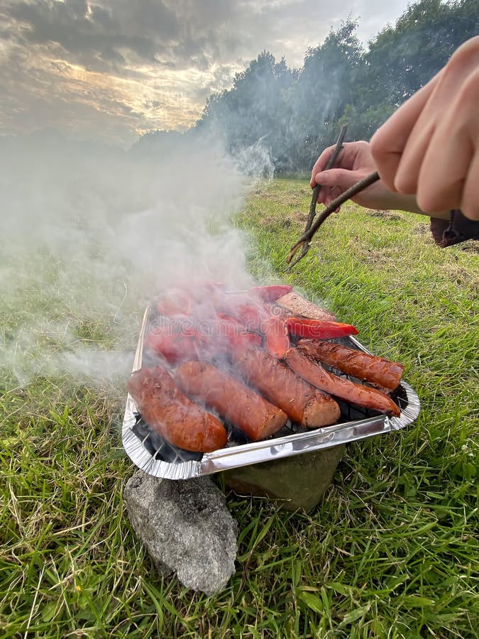 A Makeshift Barbecue in Nature at Sunset Stock Image - Image of ...