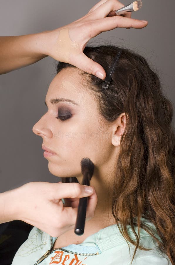 Makeup Artist Applying Base Foundation To Model Stock Image - Image of ...