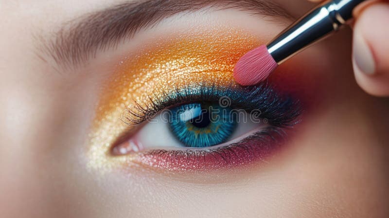 Makeup Artist Applying Bright Eyeshadow on Model S Eyelid Stock Photo ...